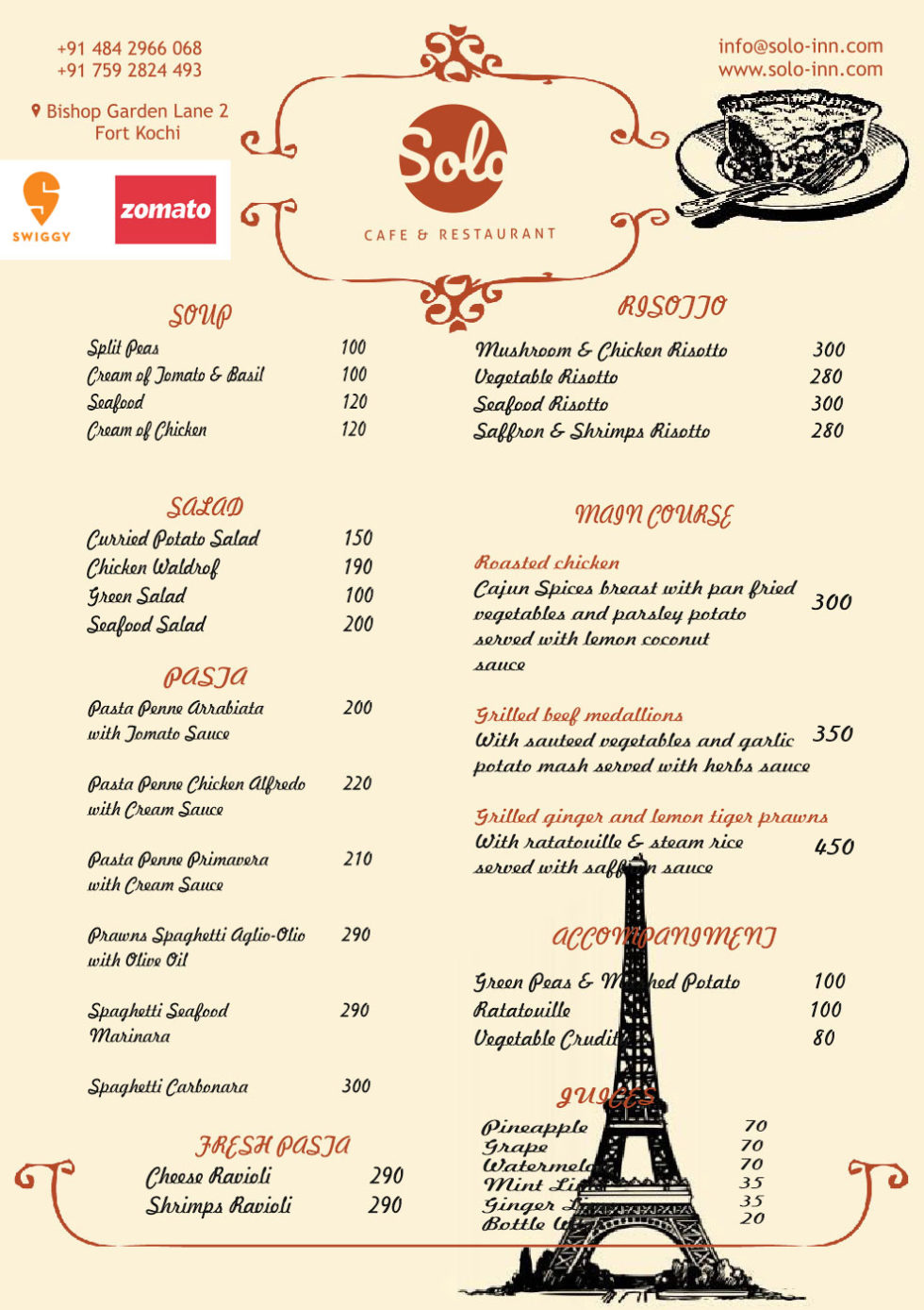 Menu Solo Restaurant Fort Kochi, Kerala, India